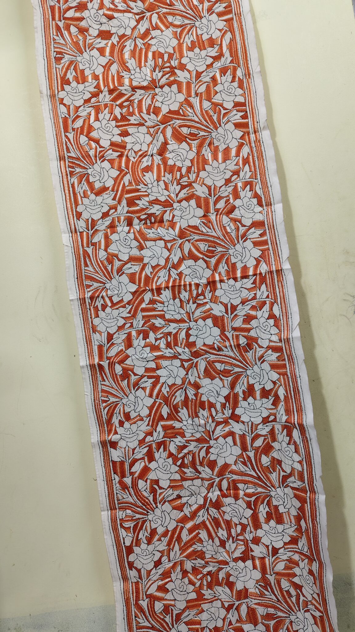 D Tussar Silk Kantha Stole – Off-White, Orange Vines - Rahulda