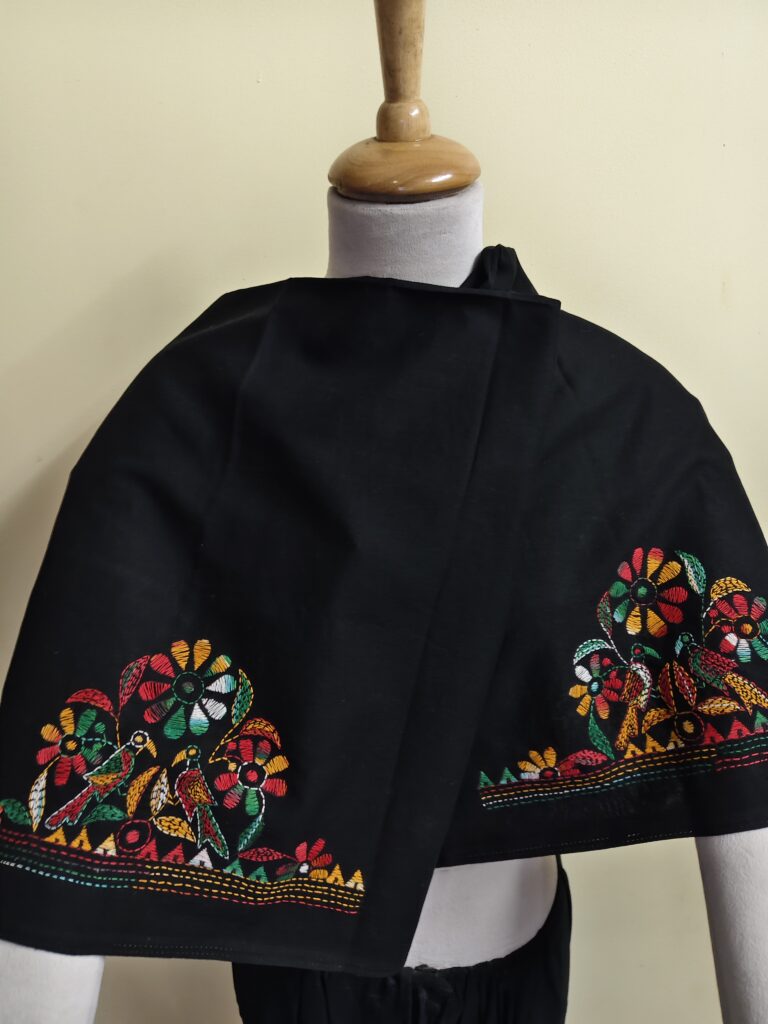 Black Multicolor Premium Cotton Kantha Stitch Blouse Material - Rahulda