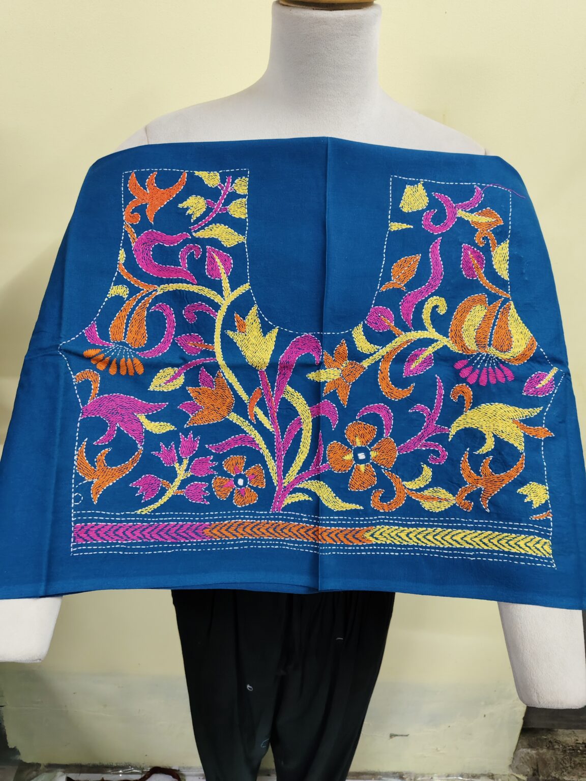 Premium Cotton Kantha Stitch Blouse Material – Floral Design Blue - Rahulda