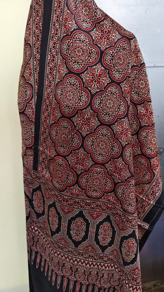 Ajrakh Handblock Printed Mashru Modal Silk Stole – Black & Deep Maroon ...