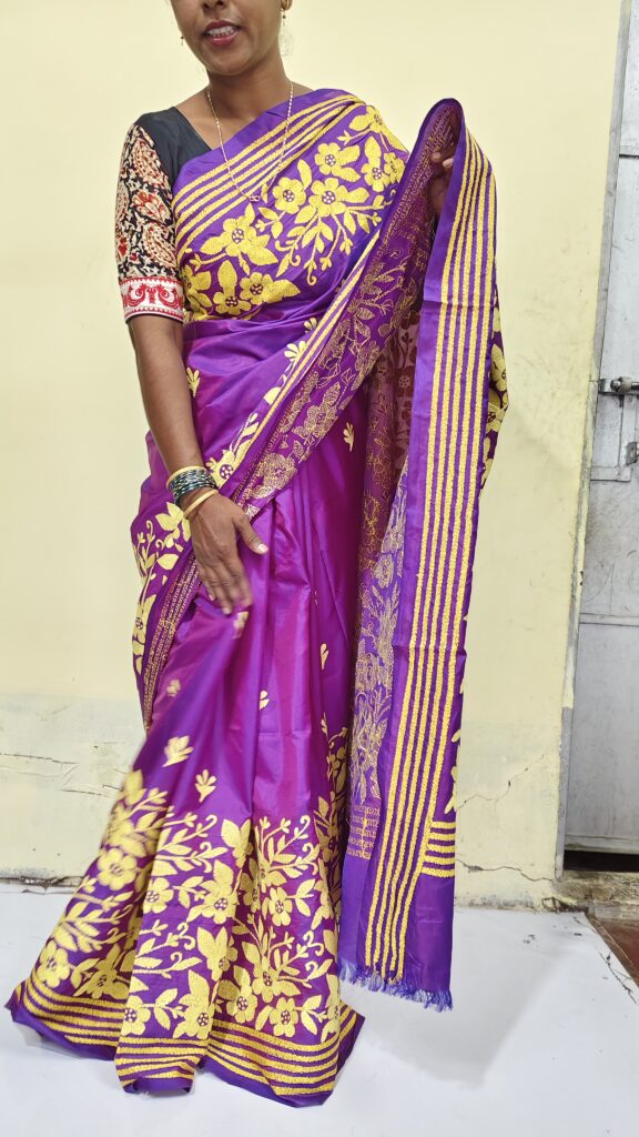 Handcrafted Kantha Stitch Bangalore Art Silk Saree – Purple & Golden ...